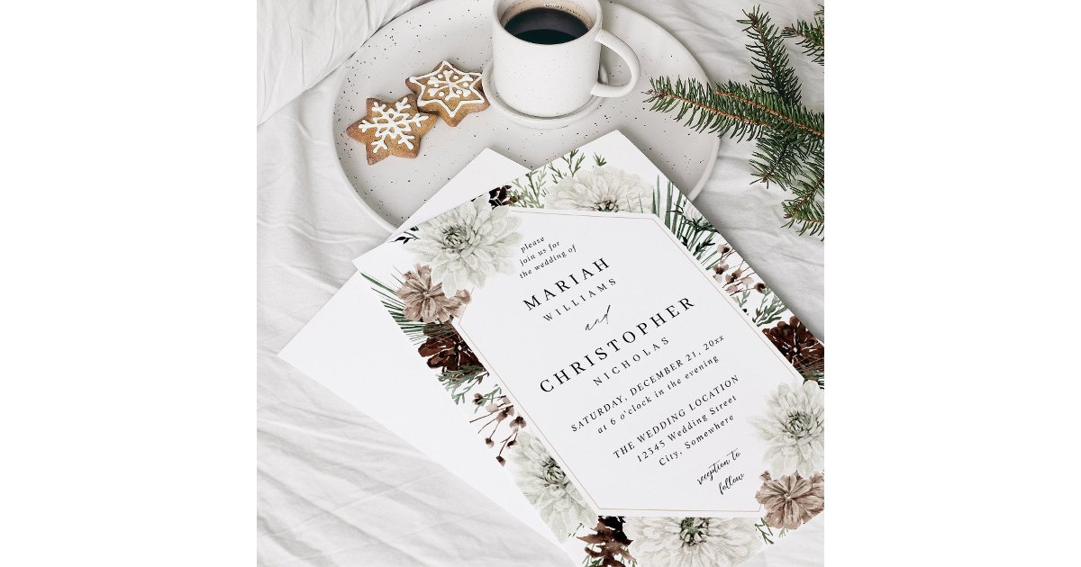 Winter White Floral & Pine Wedding Invitation | Zazzle