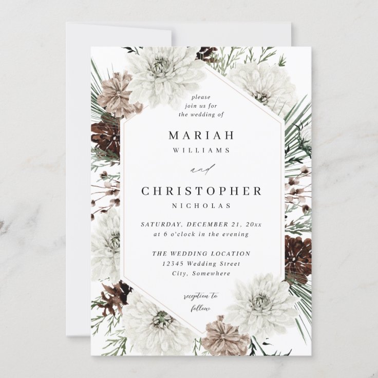 Winter White Floral & Pine Wedding Invitation | Zazzle