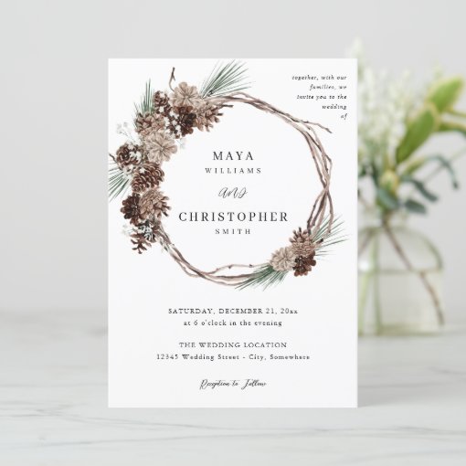 Winter White Floral & Pine Wedding Wreath Invitation | Zazzle