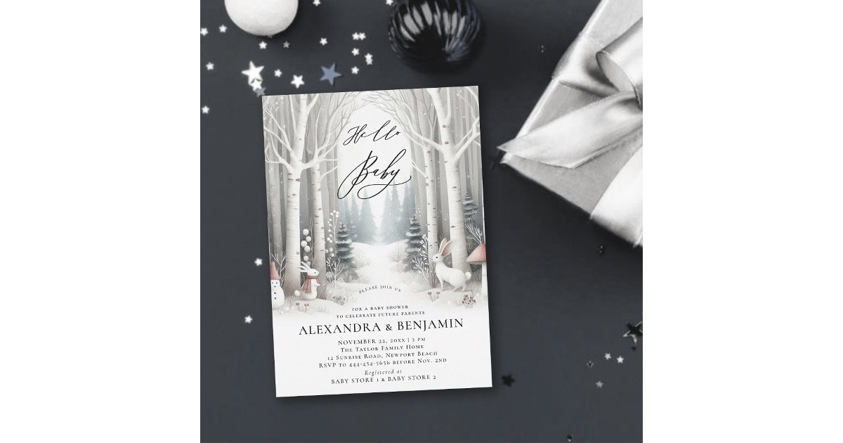Winter White Rabbits Chic Coed Neutral Baby Shower Invitation | Zazzle
