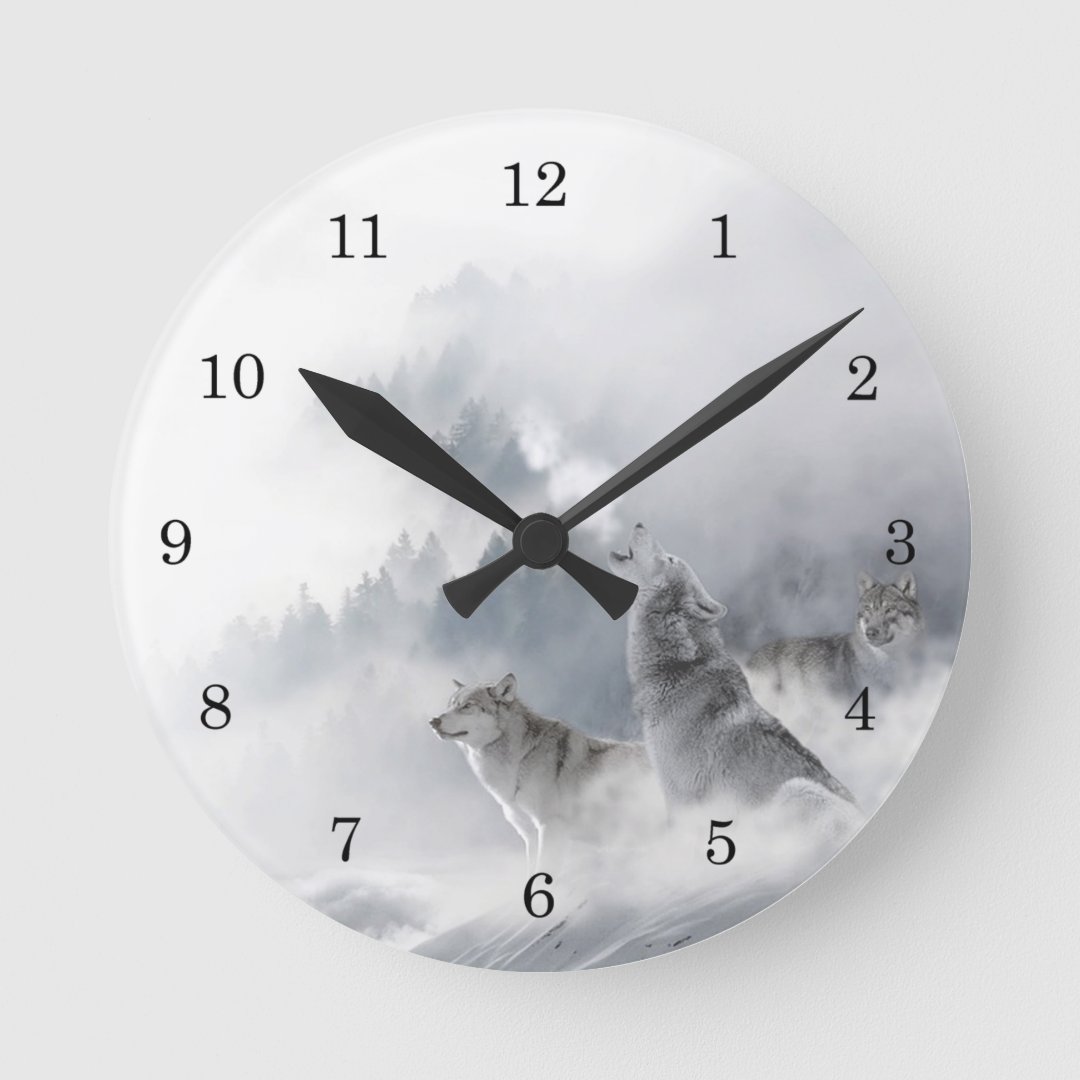 Winter Wolf Howling in Snow Round Clock | Zazzle