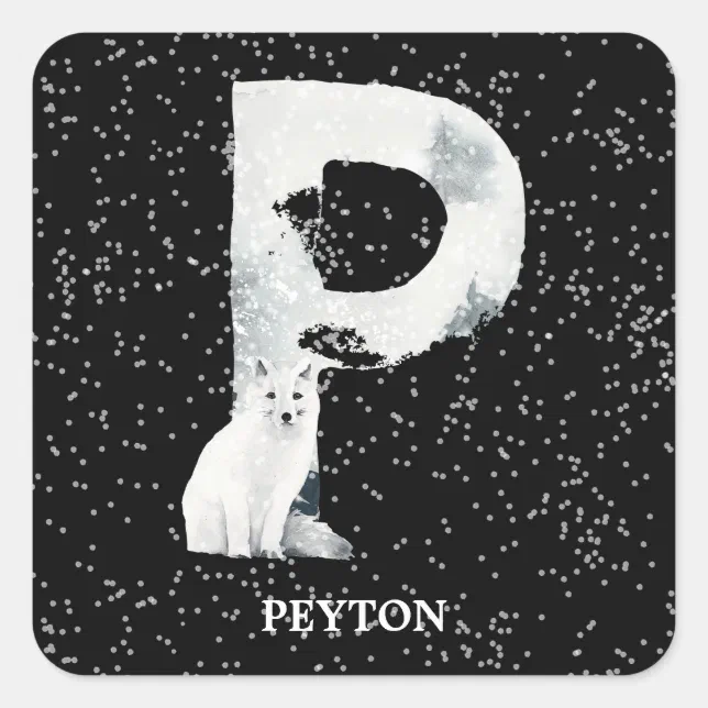Winter Wonderland Alphabet P Monogram | Snow Wolf Square Sticker | Zazzle