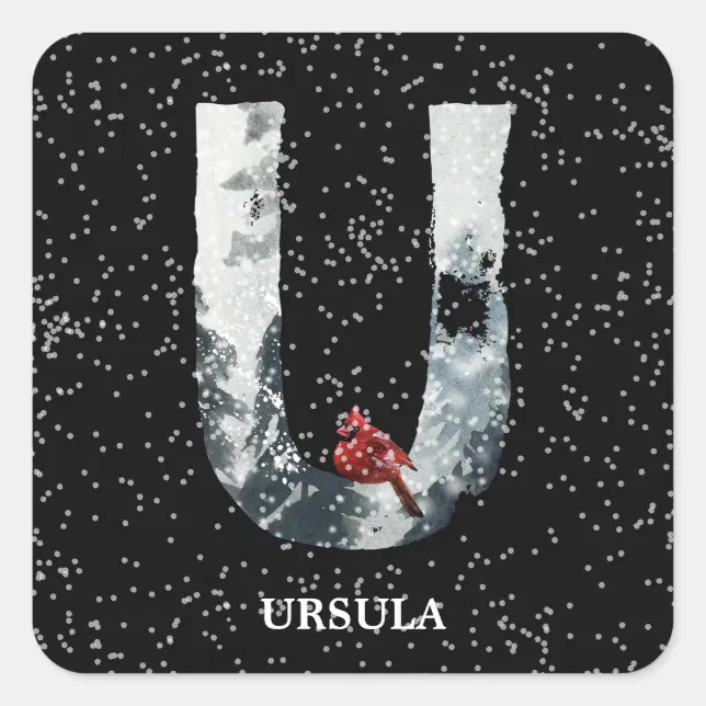 Winter Wonderland Alphabet U Monogram | Red Bird Square Sticker | Zazzle