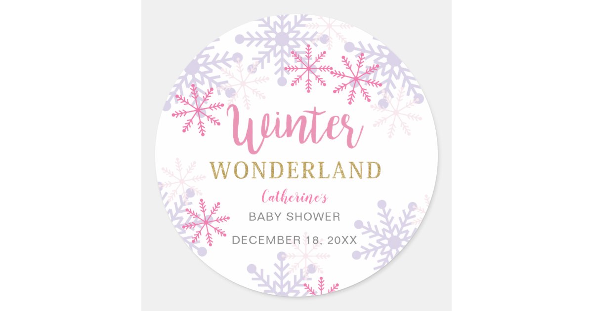 Winter Wonderland Baby Shower Snowflakes Girl Pink Classic Round ...