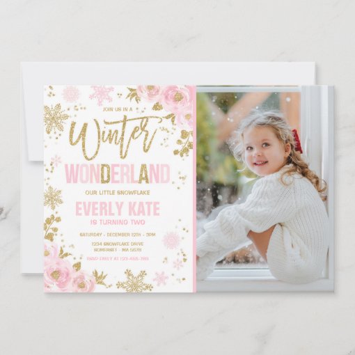 Winter Wonderland Birthday Gold Pink Snowflake Invitation | Zazzle