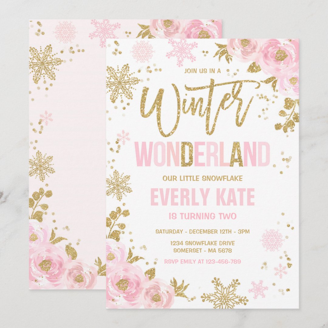 Winter Wonderland Birthday Gold Pink Snowflake Invitation | Zazzle