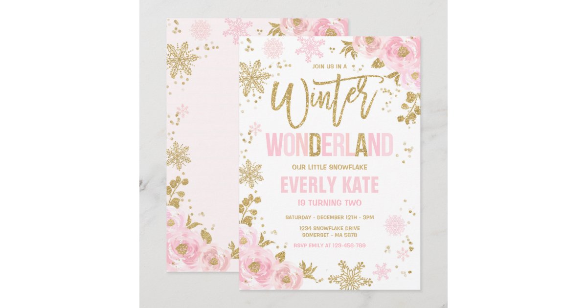 Winter Wonderland Birthday Gold Pink Snowflake Invitation | Zazzle