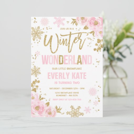 Winter Wonderland Birthday Gold Pink Snowflake Invitation | Zazzle