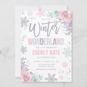 Winter Wonderland Birthday Silver Pink Snowflake Invitation | Zazzle