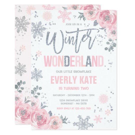 Winter Wonderland Birthday Silver Pink Snowflake Invitation | Zazzle.com