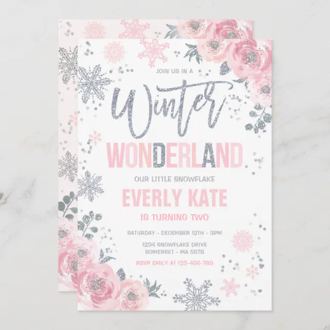 Winter Wonderland Birthday Silver Pink Snowflake Invitation | Zazzle