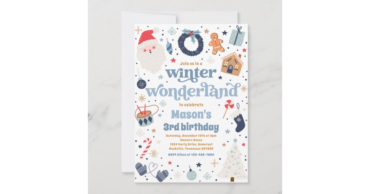 Winter Wonderland Blue Christmas Birthday Party Invitation | Zazzle