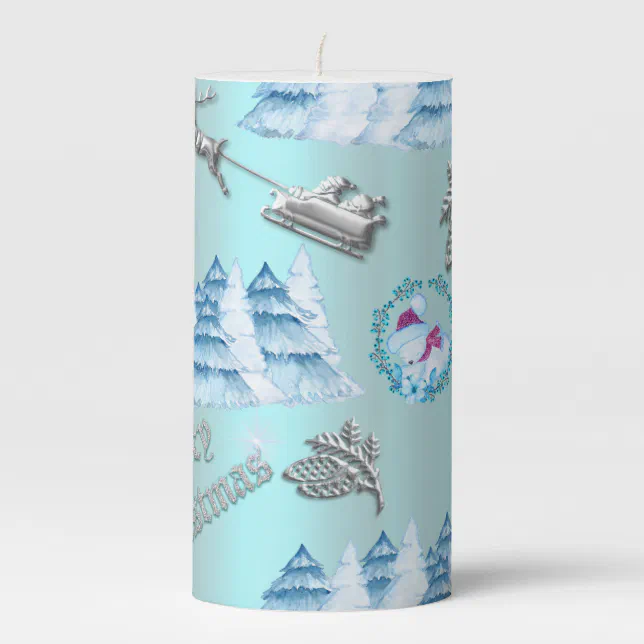 Winter Wonderland Blue Christmas Pillar Candle | Zazzle