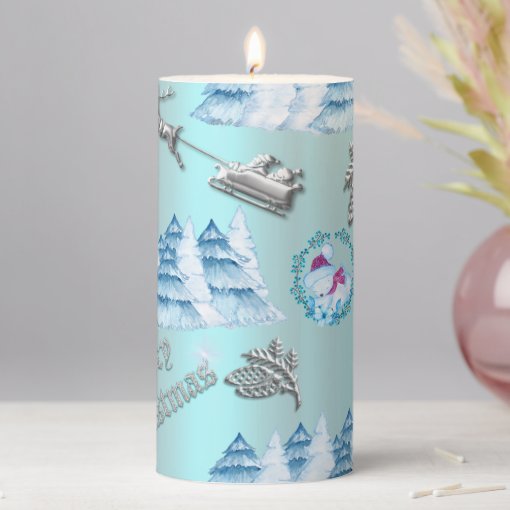 Winter Wonderland Blue Christmas Pillar Candle | Zazzle