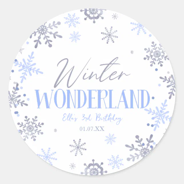 Winter Wonderland Blue Snowflake Birthday Party Classic Round Sticker ...