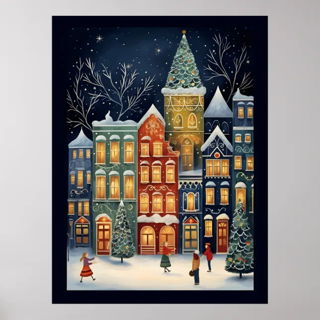 Winter Wonderland Cityscape Cute Christmas Poster | Zazzle