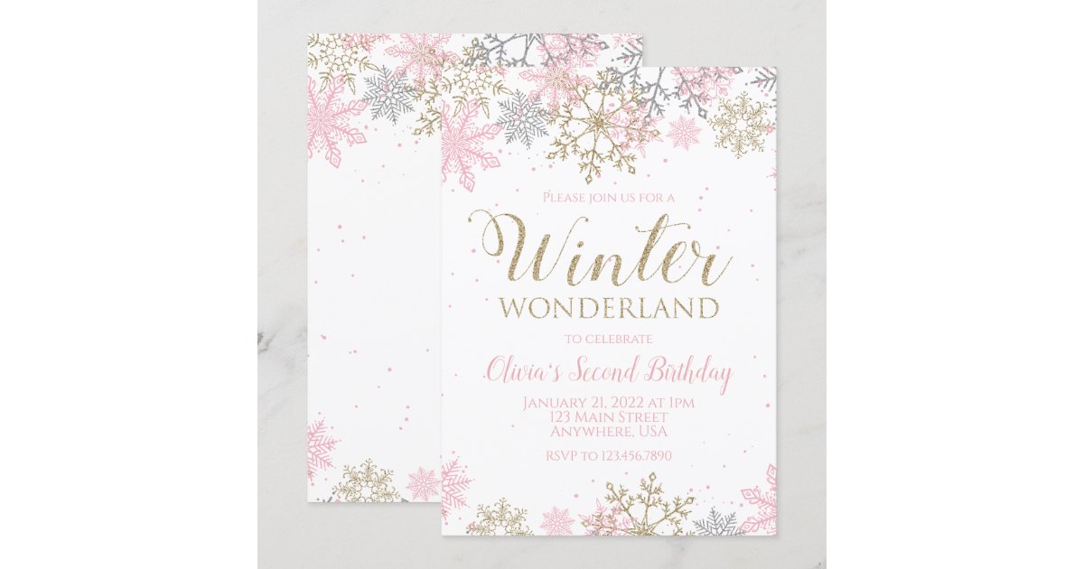 Winter Wonderland Pink Gold Snowflake Birthday Invitation | Zazzle