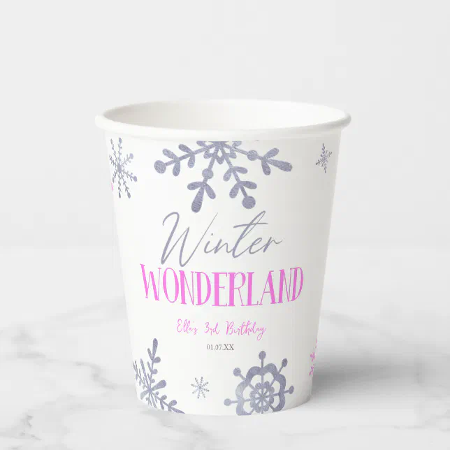 Winter Wonderland Pink Snowflake Birthday Party Paper Cups | Zazzle