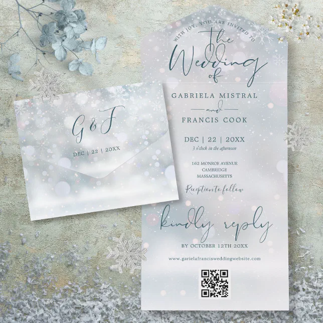 Winter Wonderland QR Code Snow Wedding All In One Invitation | Zazzle