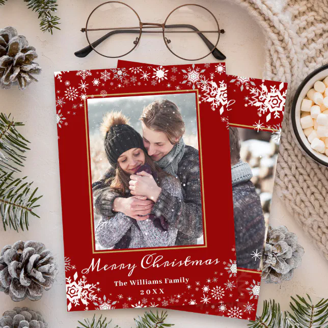 Winter Wonderland Red Gold Merry Christmas 2 Photo Holiday Card | Zazzle