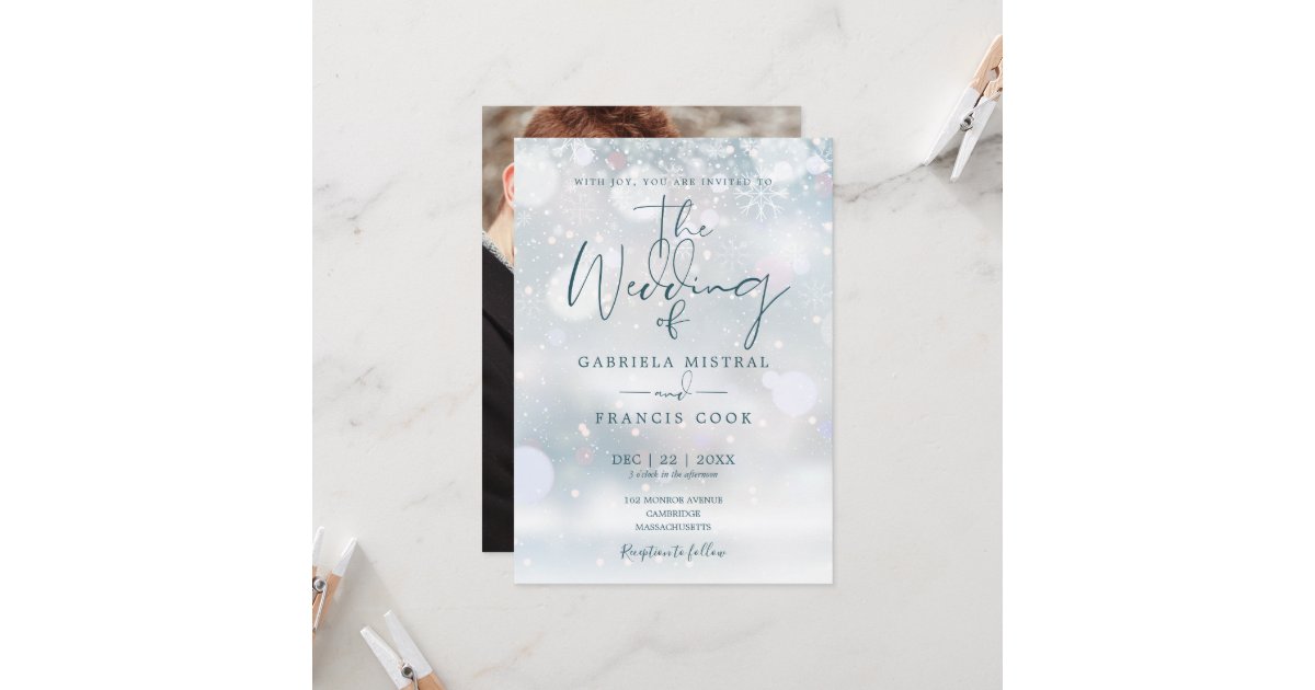 Winter Wonderland Script Snow Photo Wedding Invitation | Zazzle