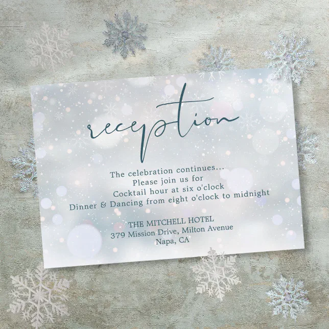 Winter Wonderland Script Snow Wedding Reception Enclosure Card | Zazzle