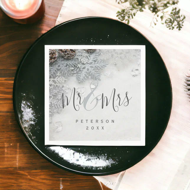Winter wonderland silver snow photo Mr & Mrs Napkins | Zazzle
