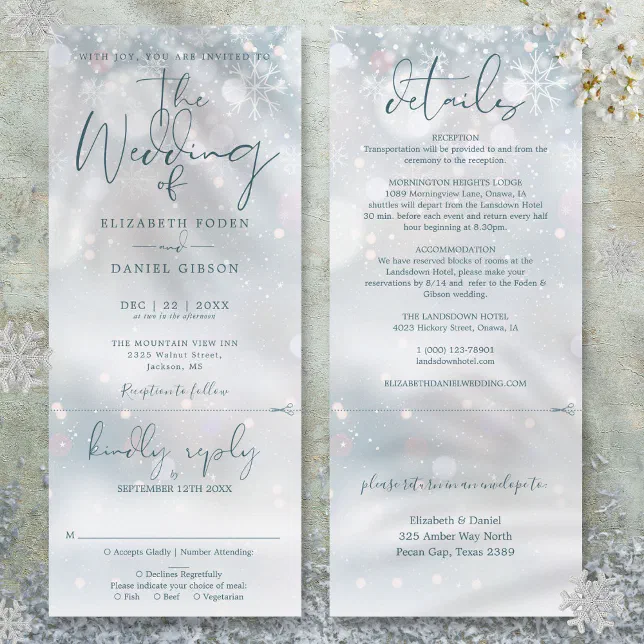 Winter Wonderland Snow All In One Wedding Invitation | Zazzle