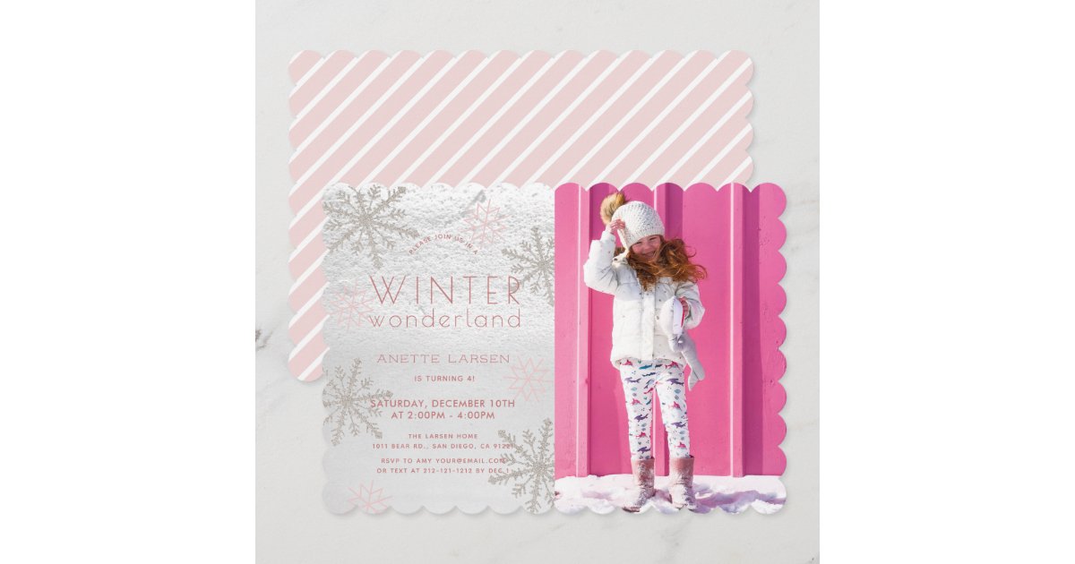 Winter Wonderland Snowflake Pink Photo Birthday Invitation | Zazzle