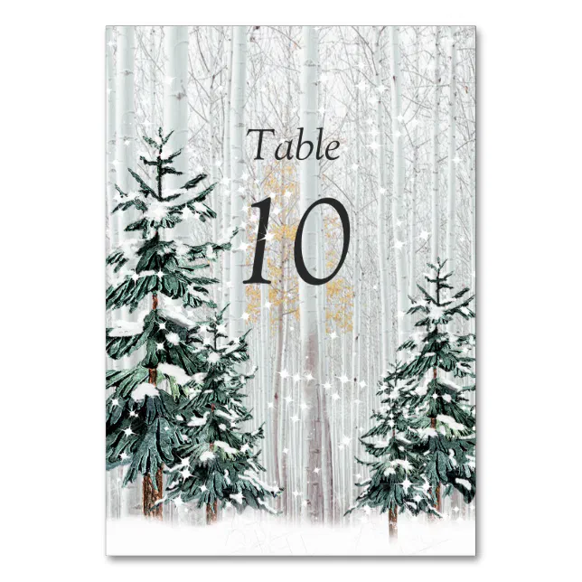 Winter Wonderland Wedding, Snowflakes Pine Trees Table Number | Zazzle