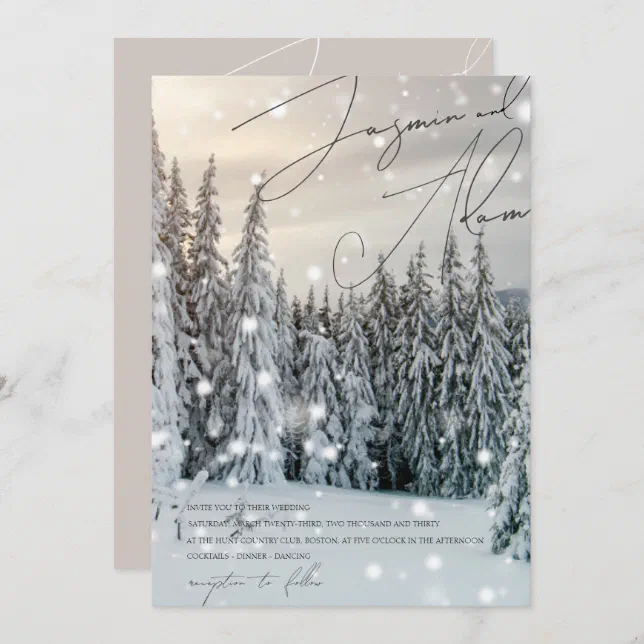Winter Wonderland Woodland Snow Script Wedding Invitation | Zazzle