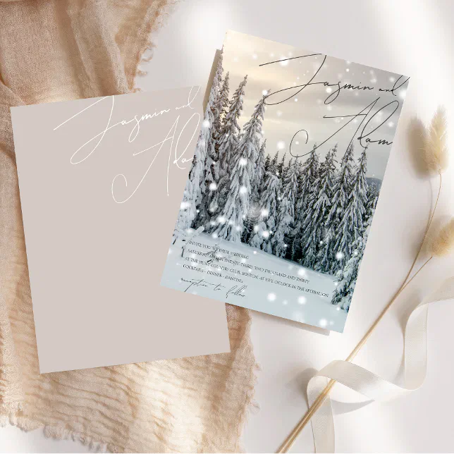 Winter Wonderland Woodland Snow Script Wedding Invitation | Zazzle