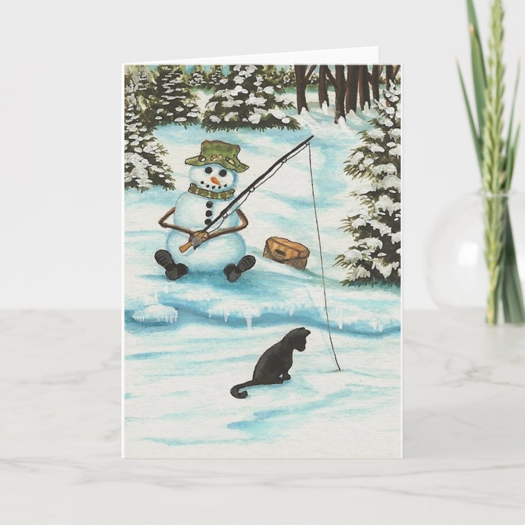 Winter Wonders Snowman Gone Fishing by Bihrle Holiday Card | Zazzle