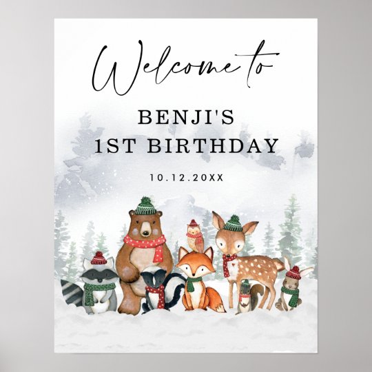 Winter Woodland Animals Birthday Party Welcome Poster | Zazzle.com
