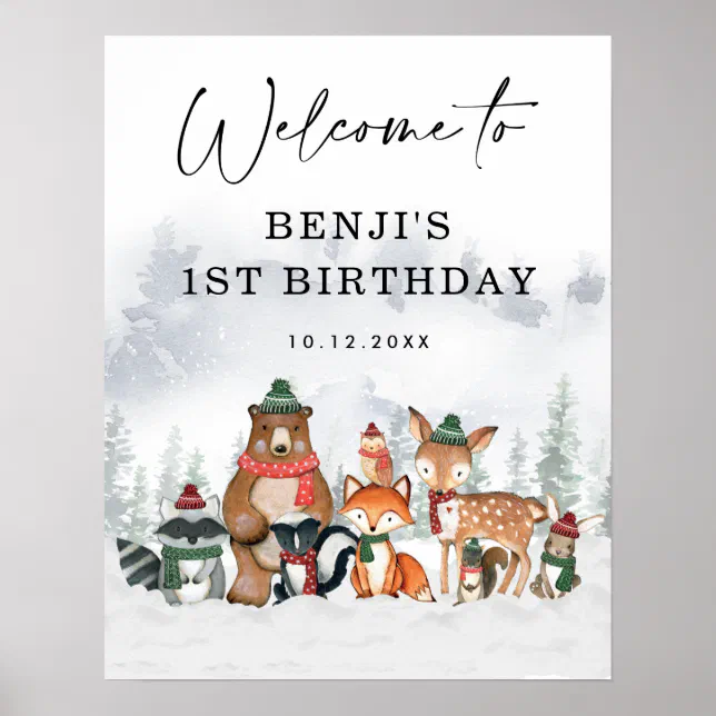 Winter Woodland Animals Birthday Party Welcome Poster | Zazzle