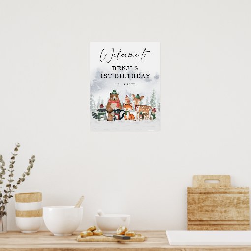 Winter Woodland Animals Birthday Party Welcome Poster | Zazzle