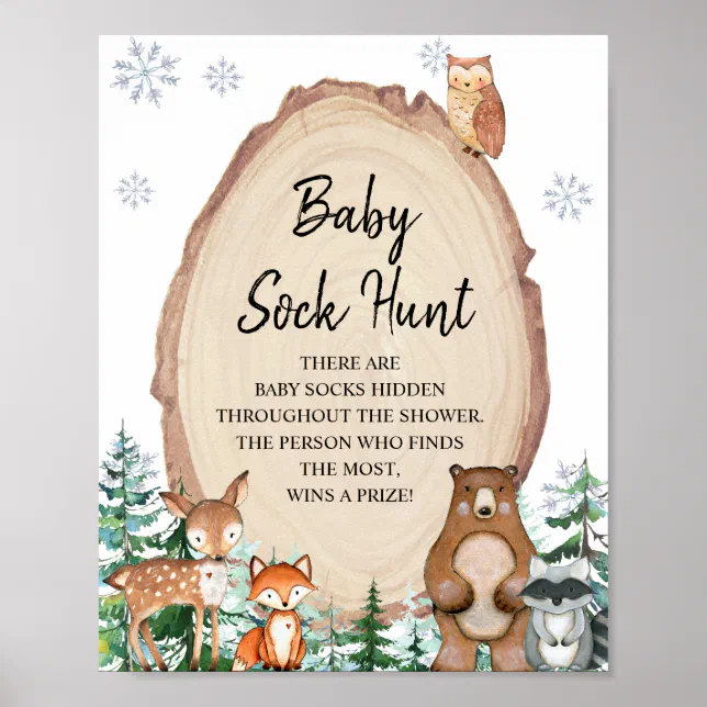Winter Woodland Animals Forest Baby Sock Hunt Game Poster | Zazzle