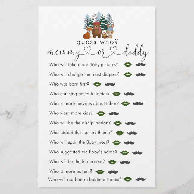 Winter Woodland Baby Shower Guess Who Game | Zazzle