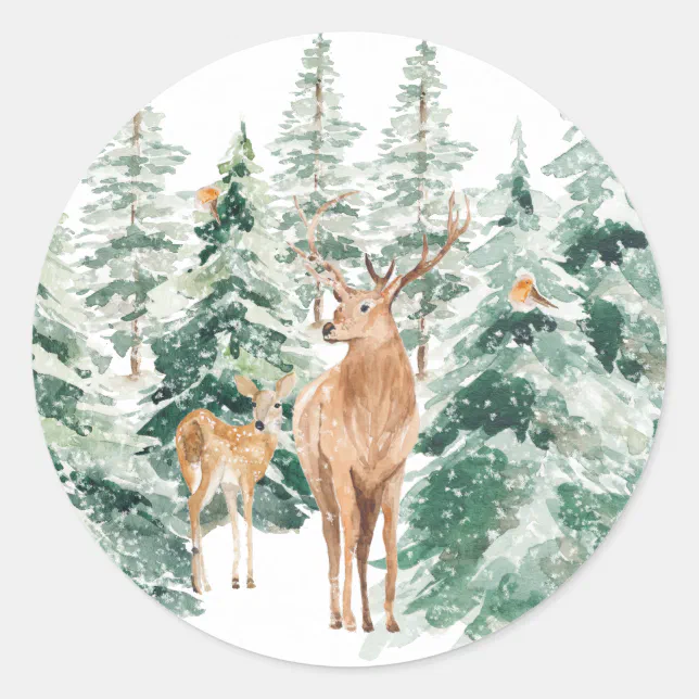 Winter Woodland Deer Rustic Christmas Classic Round Sticker | Zazzle