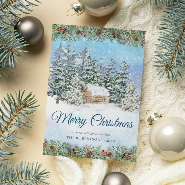 Winter Woodland Forest Christmas Cabin Holiday Card | Zazzle