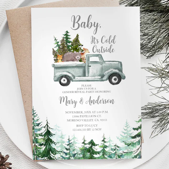 Winter Woodland Forest Truck Animal Gender Reveal Invitation | Zazzle