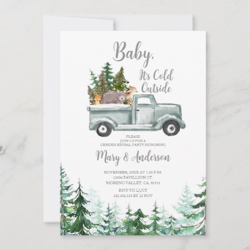 Winter Woodland Forest Truck Animal Gender Reveal Invitation | Zazzle
