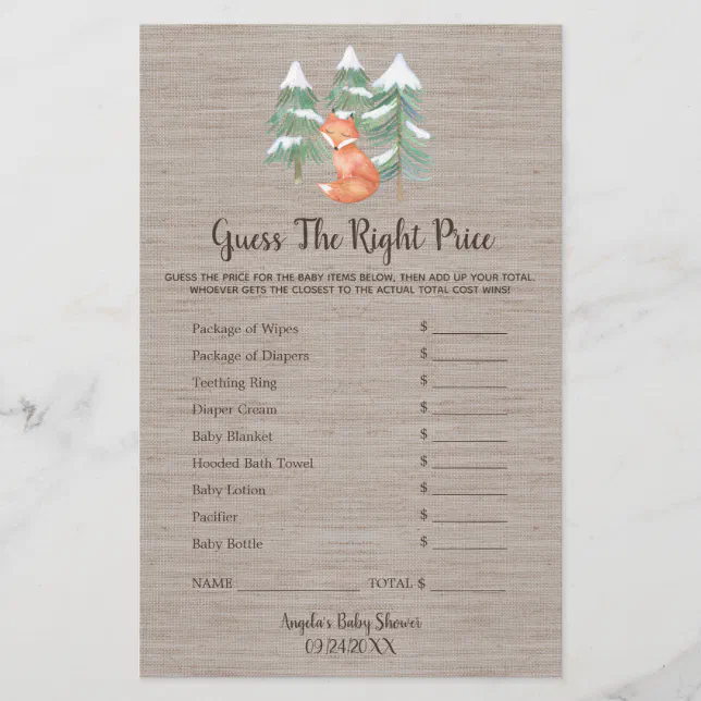 Winter Woodland Fox Guess the Right Price Game Flyer | Zazzle