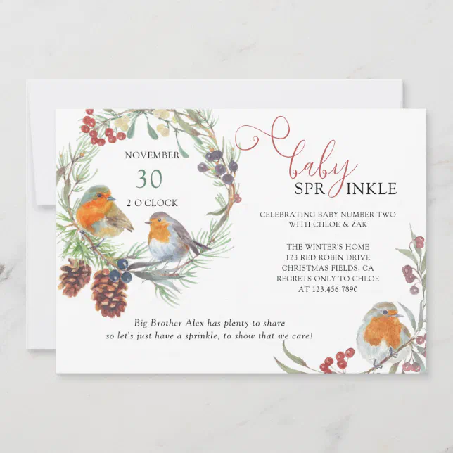 Winter Wreath and Christmas Robin Baby Sprinkle Invitation | Zazzle