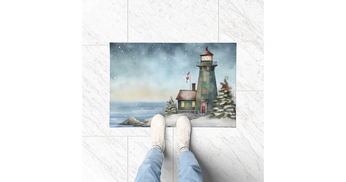 Wintery Lighthouse Nautical Beach Doormat | Zazzle