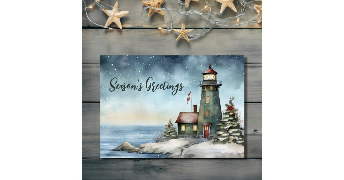 Wintery Lighthouse Season's Greetings Christmas Holiday Card | Zazzle
