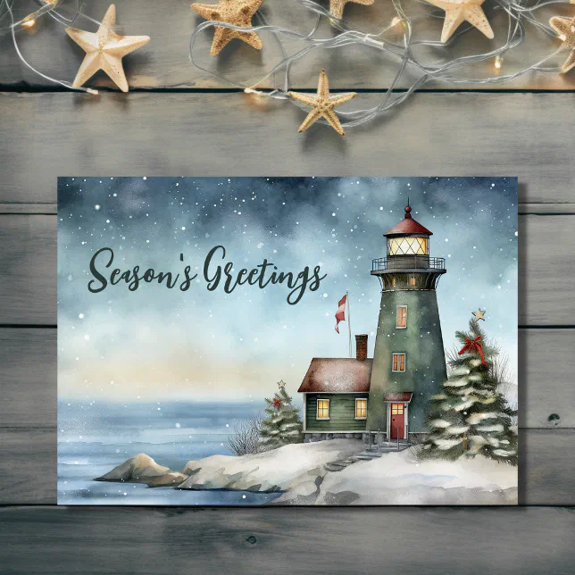 Wintery Lighthouse Season's Greetings Christmas Holiday Card | Zazzle