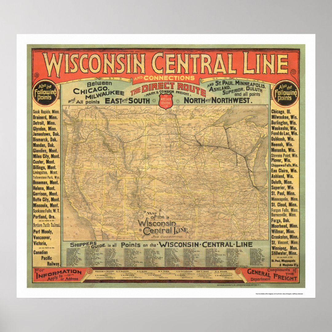 Wisconsin Central Railroad Map 1882 Poster | Zazzle