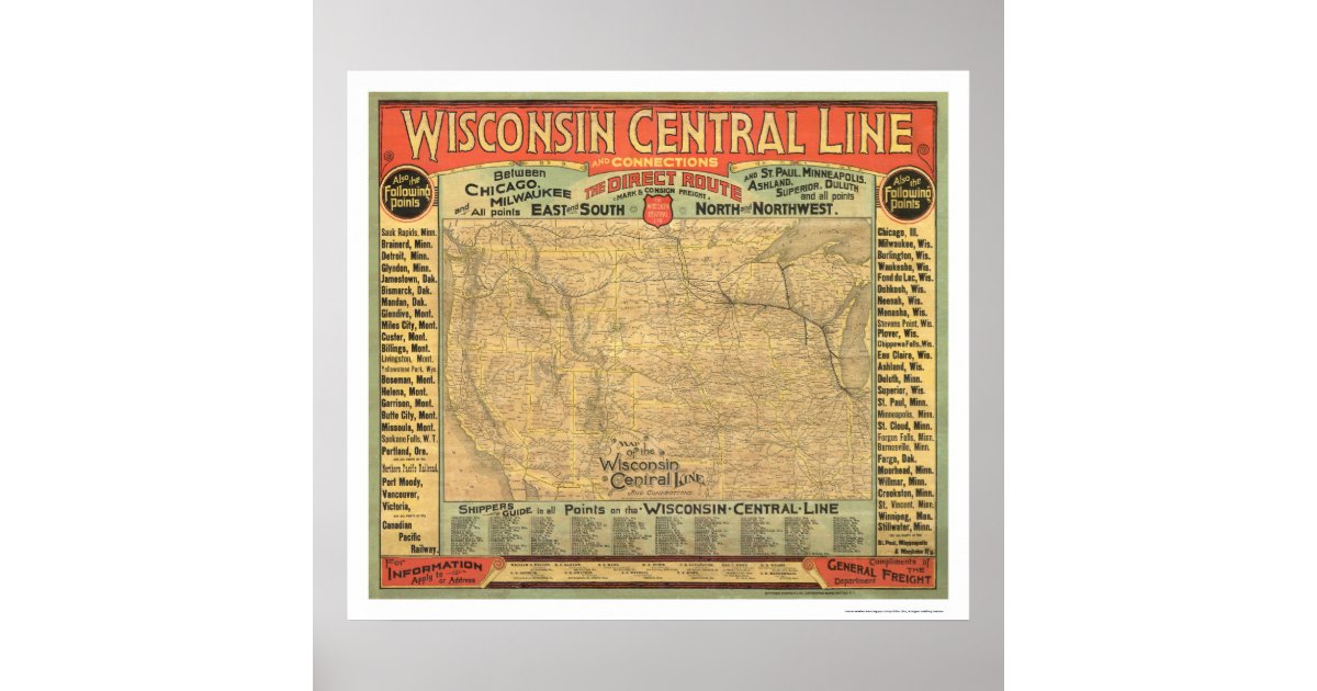 Wisconsin Central Railroad Map 1882 Poster | Zazzle
