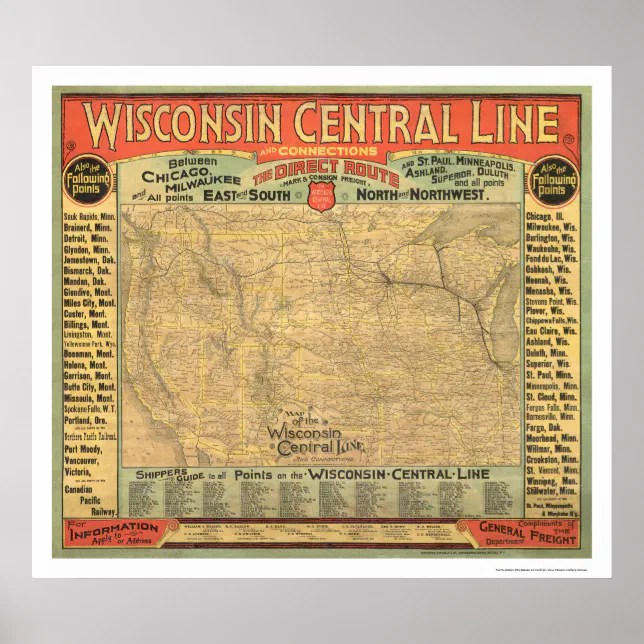 Wisconsin Central Railroad Map 1882 Poster | Zazzle